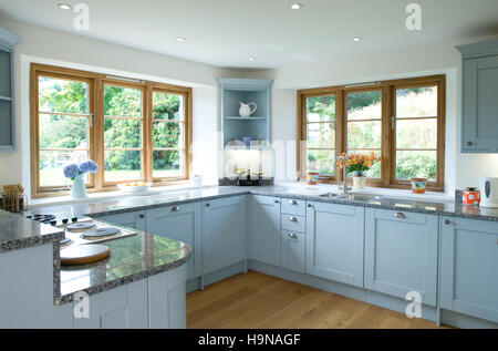 Light blue fitted farmhouse kitchen with plate rack and sleeping dog in ...
