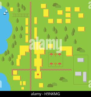 Plan of village. Landscape with the road, forest, lake, cars and three ...