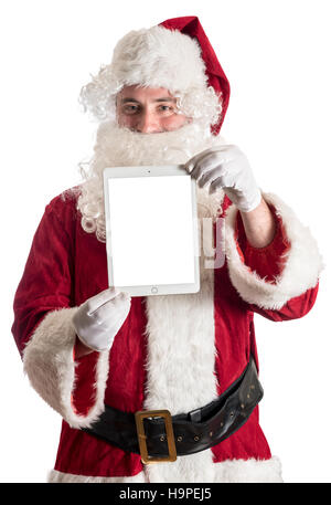 Tablet on Christmas background with santa hat and gift box. New Year ...