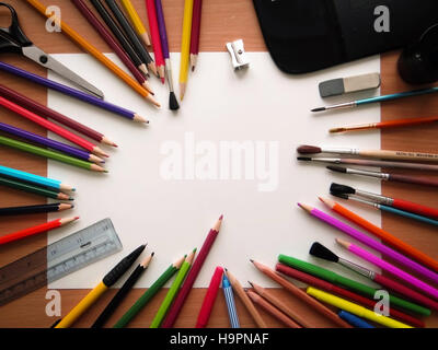 Colorful pencils on wooden table vector illustration Stock Photo - Alamy