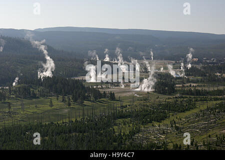 An aerial view of the Upper Geyser Basin in Yellowstone National Park ...