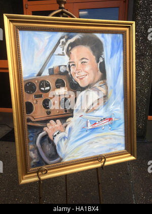 Jerrie Mock, the first woman to fly solo around the world, is depicted ...