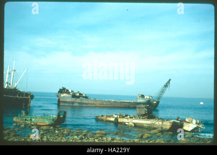 The remains of the cargo vessel 'Dominator' (built 1940) are seen off ...