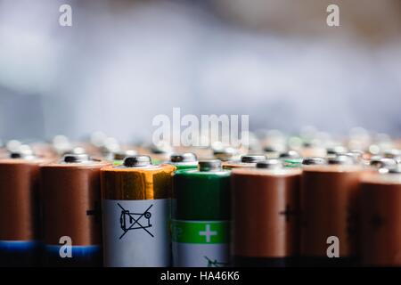 Energy abstract background of colorful batteries. Close up top view on ...