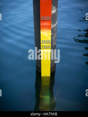Water level gauge in the harbour basin at high tide and flood, water ...