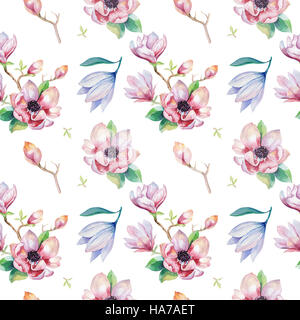 Watercolor seamless pattern with magnolia flowers, birds and decorative ...