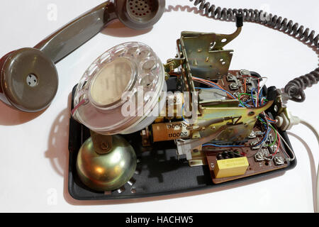Internal view of an old rotary dial telephone. retro classic phone ...