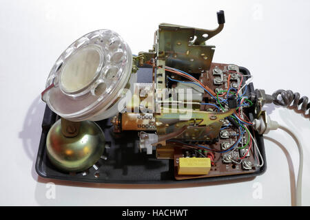Internal view of an old rotary dial telephone. retro classic phone ...