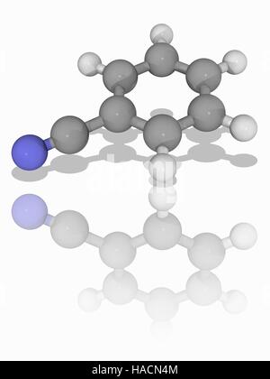 Benzonitrile. Molecular model of the aromatic organic compound ...