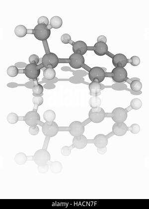 Cumene (isopropylbenzene) aromatic hydrocarbon molecule. Atoms are ...