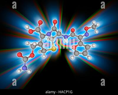 Cefuroxime. Molecular model of the antibiotic drug cefuroxime (C16.H16 ...