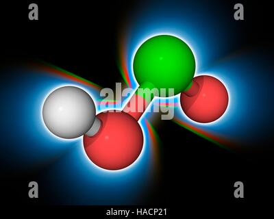 Chlorous acid. Molecular model of the inorganic compound, weak acid and ...