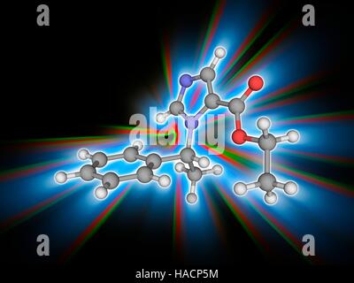 Etomidate. Molecular model of the drug etomidate (C14.H16.N2.O2), used ...