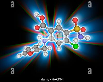 Furosemide. Molecular model of the drug furosemide (C12.H11.Cl.N2.O5.S ...