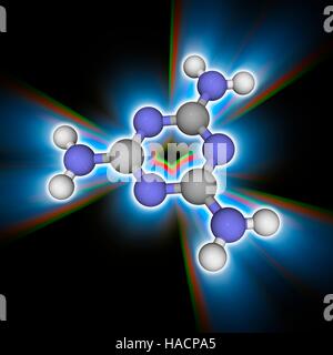Melamine. Molecular model of the organic compound melamine (C3.H6.N6 ...