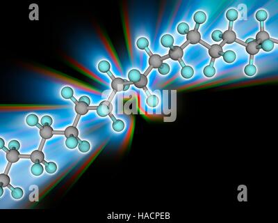 Teflon. Molecular model of part of a chain of the synthetic hydrophobic ...