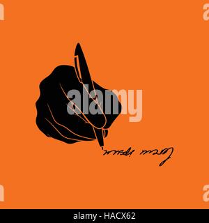 Signing hand icon. Orange background with black. Vector illustration ...