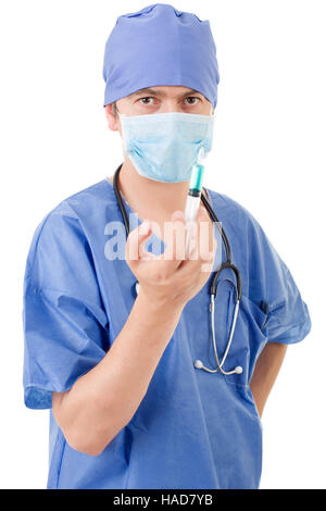 silly doctor with a syringe isolated over white background Stock Photo ...