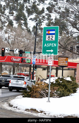 Road sign to Colorado Highway 82 toward Aspen, Colorado, in Glenwood ...