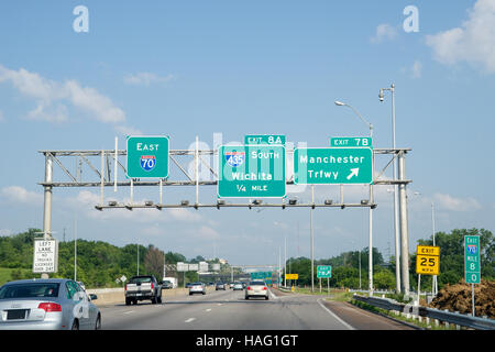 Highway signs on Interstate 70, Eastbound, Leeds, Missouri, USA Stock ...