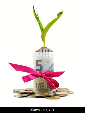 Tree growing on pile of golden coins and account book or credit cart ...