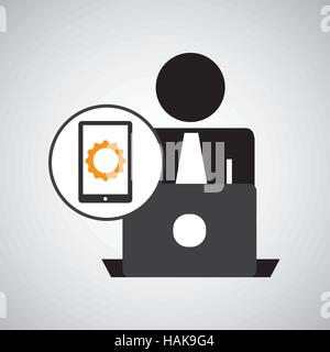 silhouette programmer working laptop cellphone gear vector illustration eps 10 Stock Vector ...