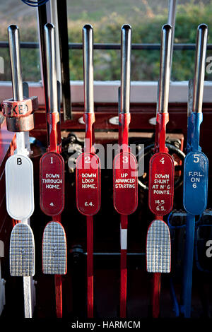 Mechanical signalling levers at Wittersham Road signalbox on the Kent ...