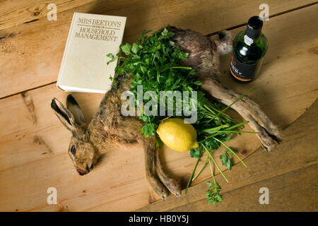A hare on a pine table, ready to cook jugged hare, from a recipe in Mrs ...