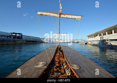 Ancient Greek ship (trireme) replica at Volos city in Greece Stock ...