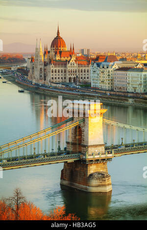 Overview of Budapest with the Parliament building at sunrise Stock ...