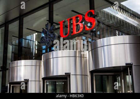Signage on the headquarters of UBS at Broadgate Circle, Broadgate, City ...
