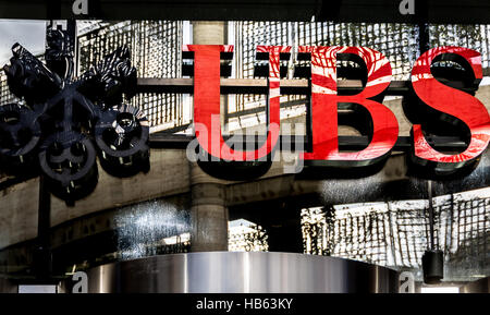Signage on the headquarters of UBS at Broadgate Circle, Broadgate, City ...