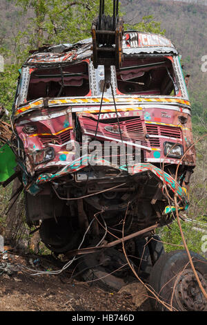 Wrecked Indian truck being recovered after crashing down a hillside ...