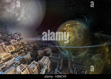 Alien planet with rings Stock Photo - Alamy