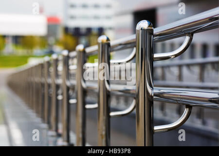 Shiny chrome metal fencing and railings in a hotel interior Stock Photo ...