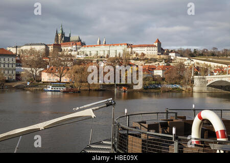 Prague Castle viewed over the Vlatva River by the Manesuv Most Bridge ...