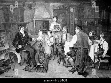 Bourgeois family in the living room. Engraving, 19th century Stock ...