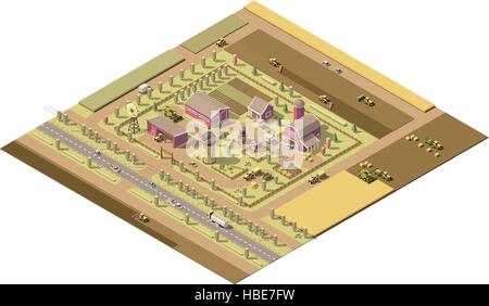 Isometric Farm building with agricultural tractor, cultivated fields ...