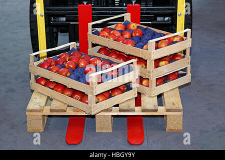 Apples in apple crates with stack of wooden crates in background Stock ...