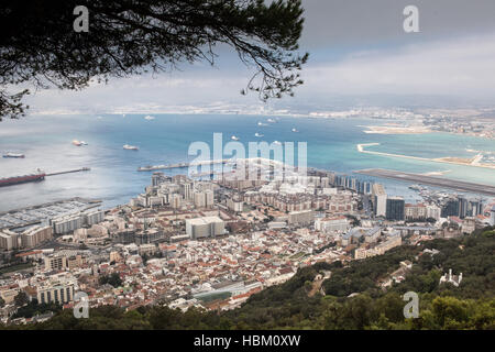 an aerial view of Gibraltar, its marina and the Mediterranean sea as ...