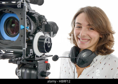 A woman video camera operator broadcasting 'Prynhawn Da' live Stock ...
