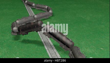 Train tanks derail off tracks whiles going at high speed. 3d render ...