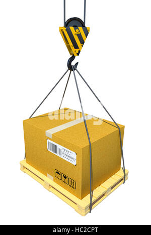 Pallet with cardboard lifted by crane Stock Photo - Alamy