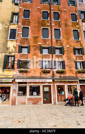 Venice Italy, two story building facade, carved brickwork rustication ...