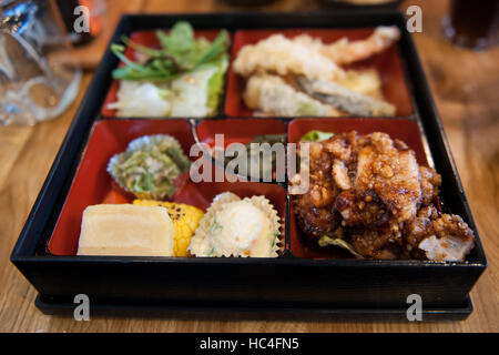 Japanese bento box with tempura prawns, rice and vegetables Stock Photo ...