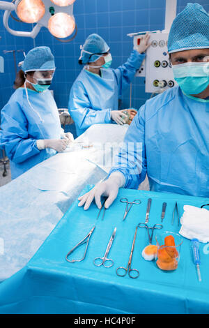 Portrait of male surgeon with headlight in the operating room before ...