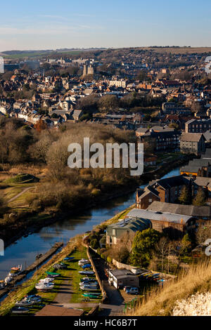 Aerial view of Lewes, East Sussex, showing the historic high street ...