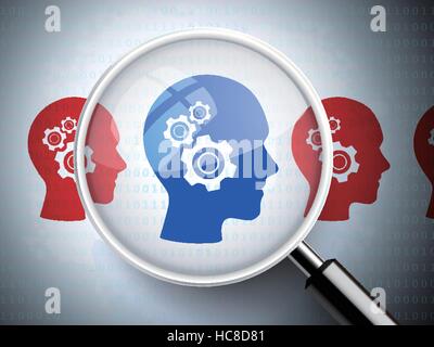 magnifying glass with gears on head icons over digital background Stock ...