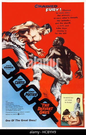 THE DEFIANT ONES, from left: Tony Curtis, Sidney Poitier on poster art ...