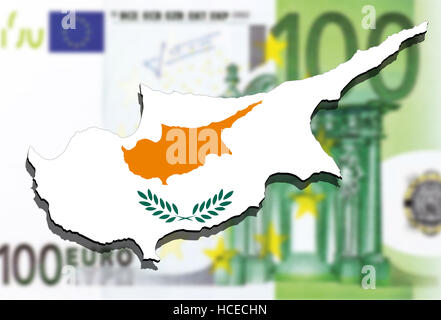 Cyprus map on Euro money background and red arrow down Stock Photo - Alamy